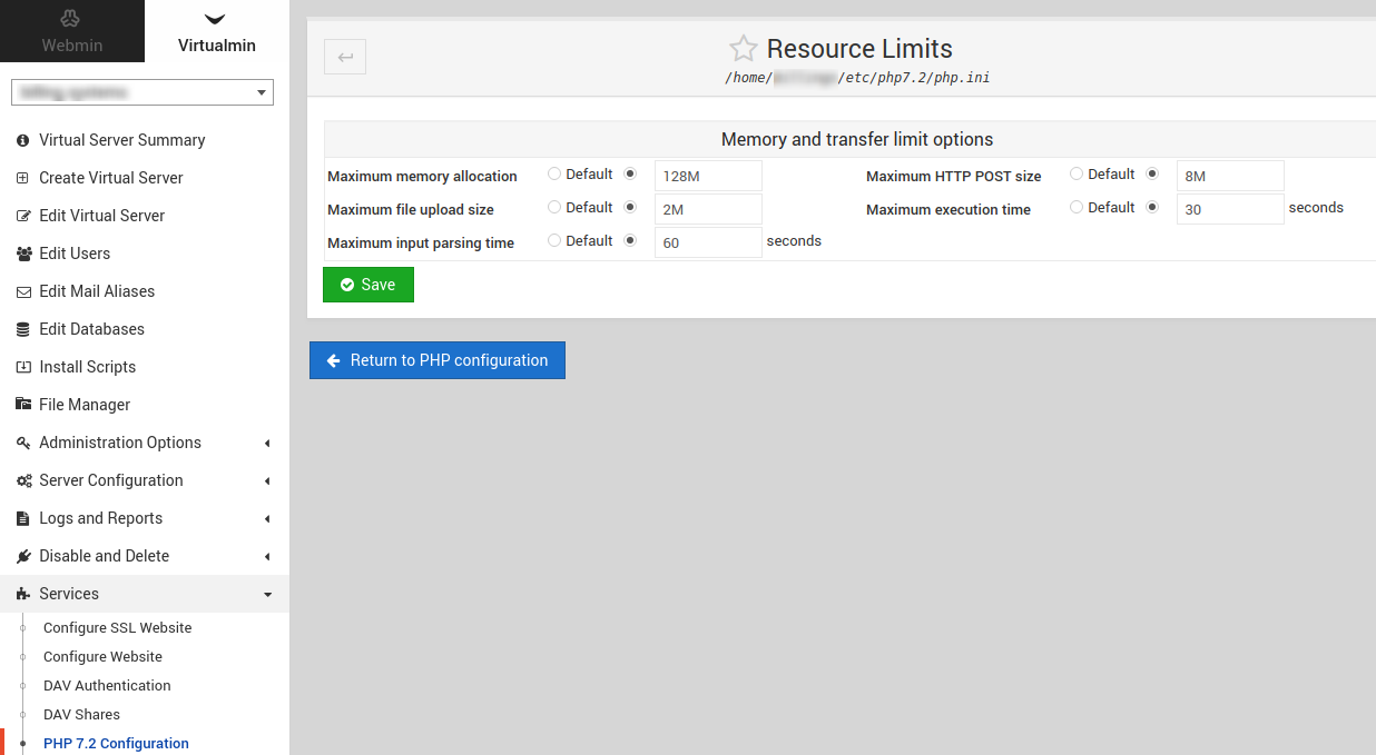 How To Adjust Memorylimit And Other Php Settings In The Virtualmin Control Panel Vander Host